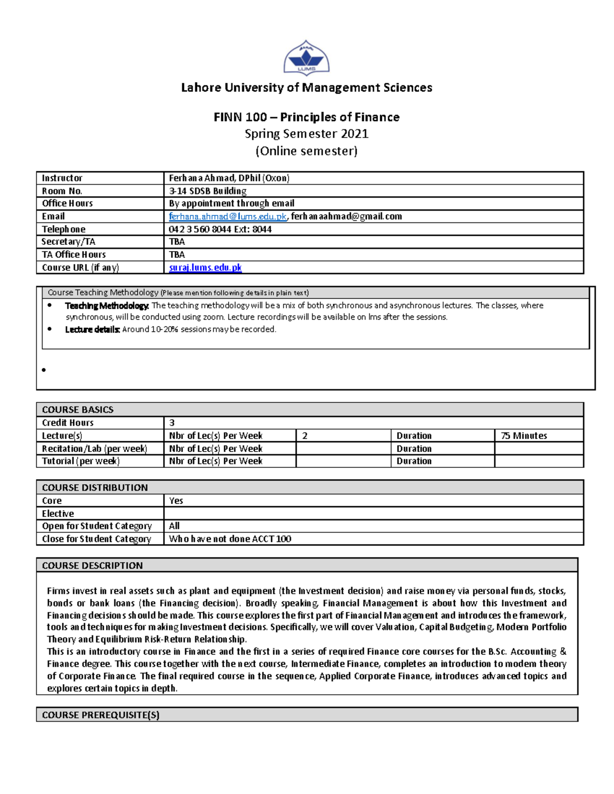 FINN 100-Principles of Finance-S3,4-Ferhana Ahmed - FINN 100 ...