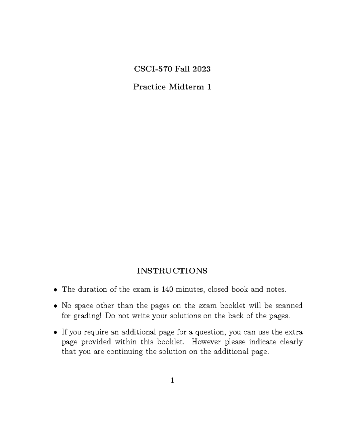 Practice Exam 1 - Just some lecture notes - CSCI-570 Fall 2023 Practice ...