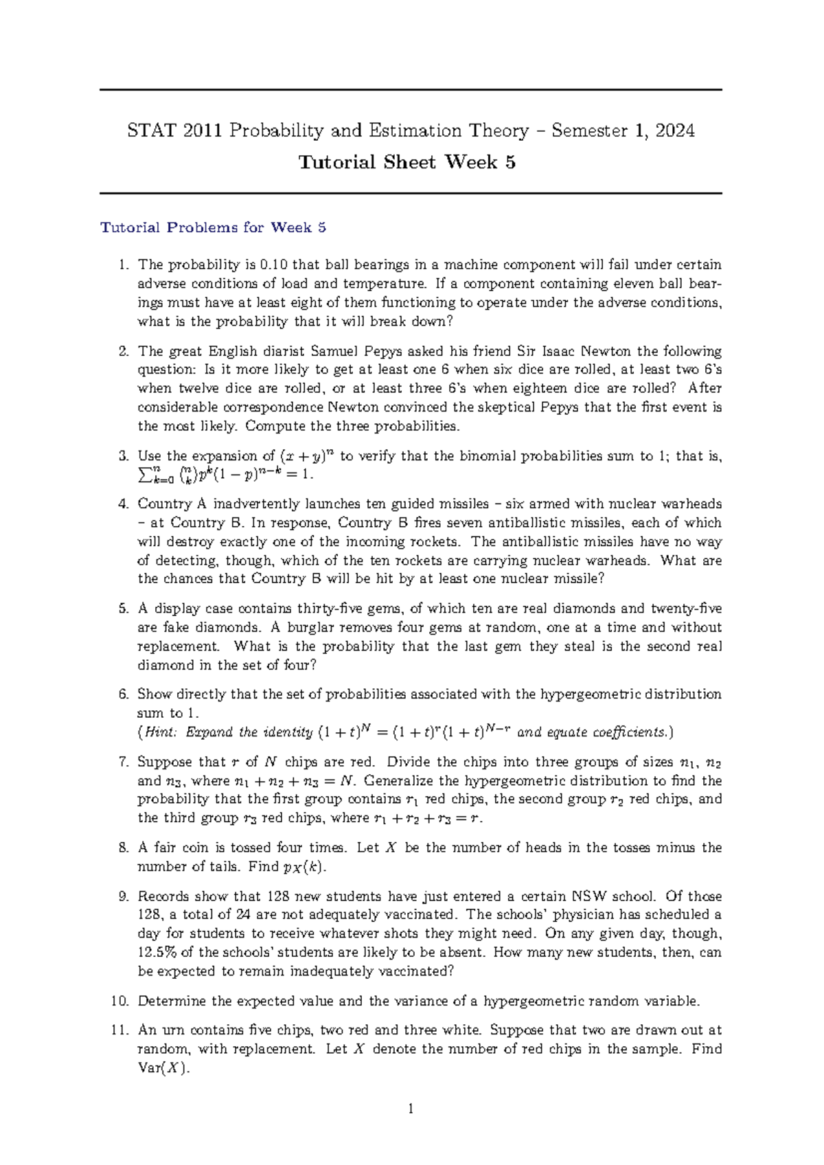 Tut05 - tutorial work - STAT 2011 Probability and Estimation Theory – Semester 1, 2024 Tutorial ...