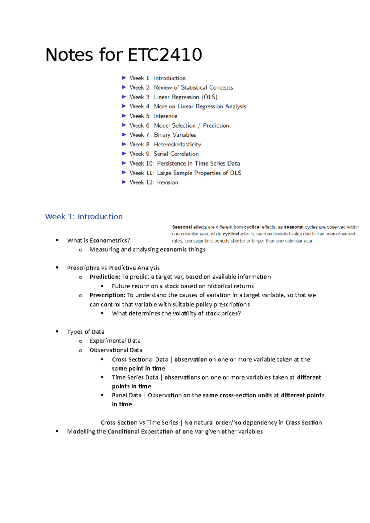 Notes for ETC2410 EXAMd - Notes for ETC Week 1: Introduction What is ...