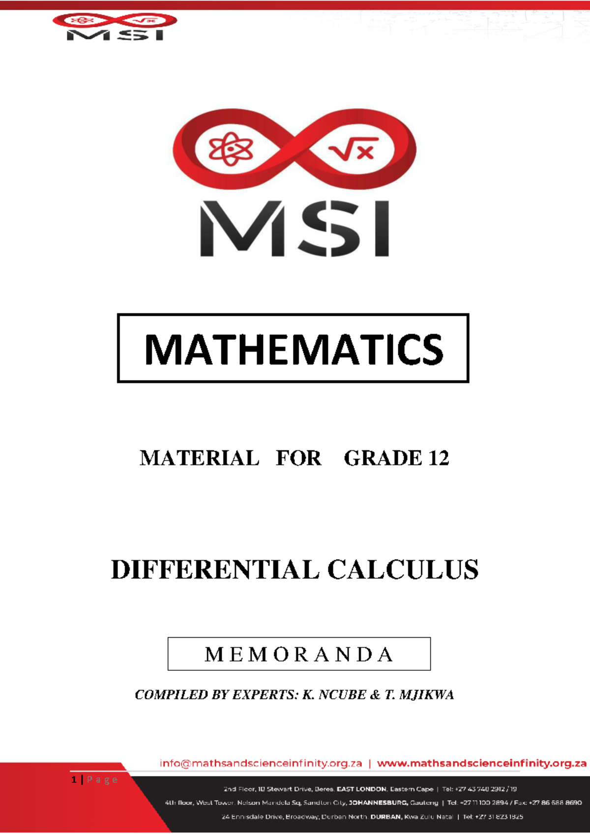 MSI Calculus Memos - MATERIAL FOR GRADE 12 DIFFERENTIAL CALCULUS ...
