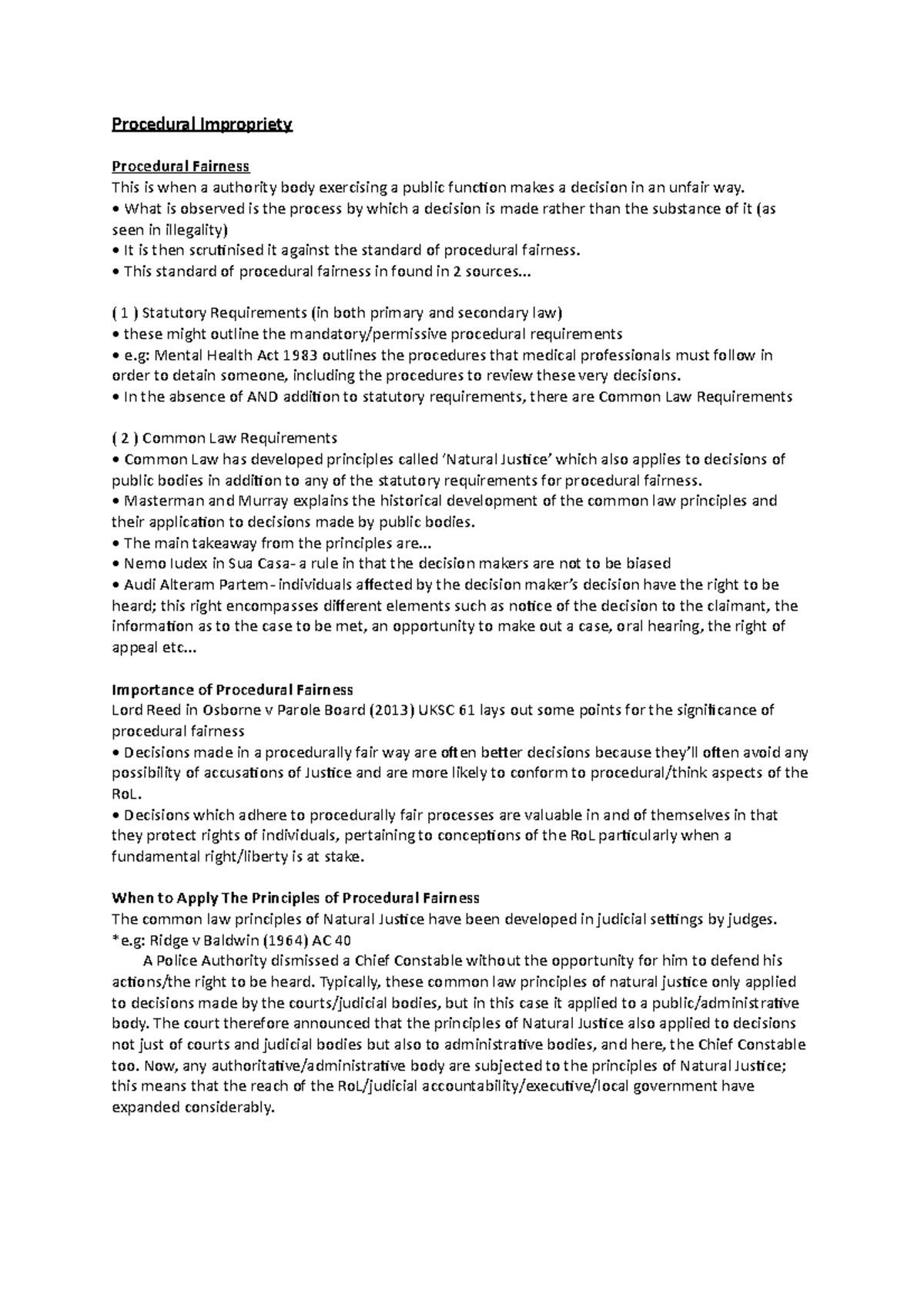 JR - Procedural Fairness - Procedural Impropriety Procedural Fairness ...