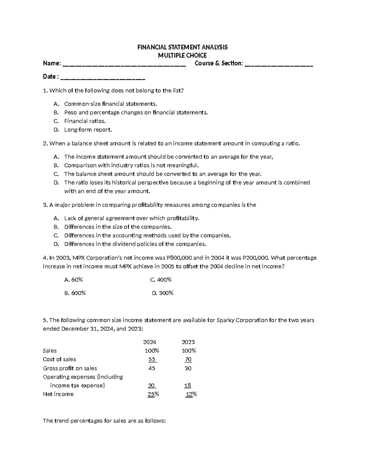 Financial Statement Analysis Assignment - FINANCIAL STATEMENT ANALYSIS ...