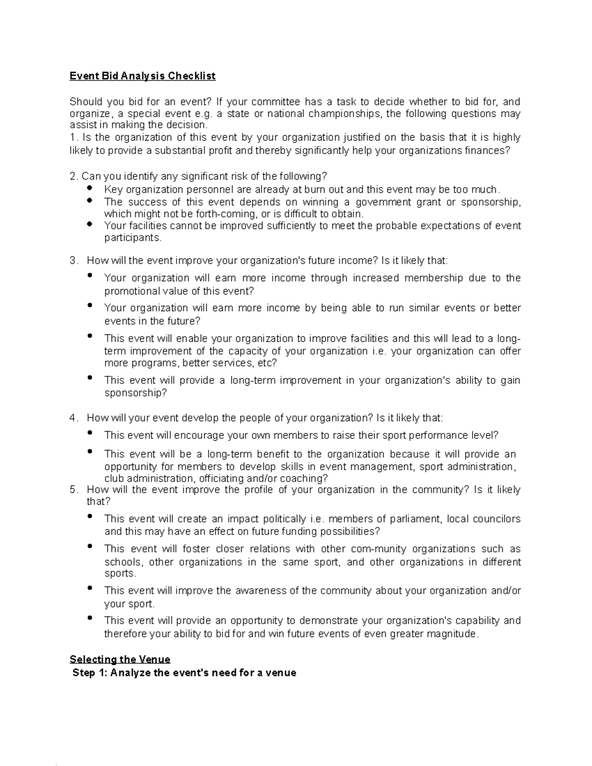 Doc 10 - NONE - Event Bid Analysis Checklist Should you bid for an ...