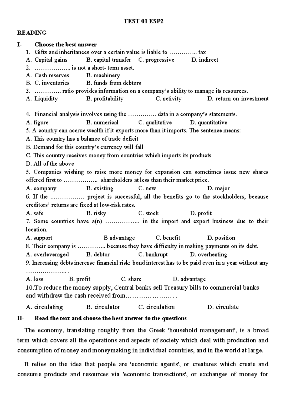 ESP2 Test 1 - Kiểm tra - TEST 01 ESP READING I- Choose the best answer ...