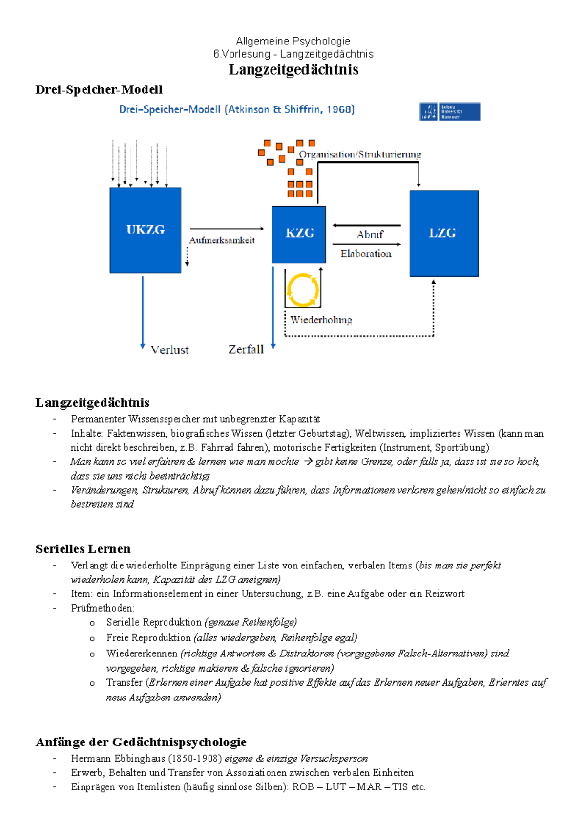 6.Vorlesung ZF - Langzeitgedächtnis - Allgemeine Psychologie 6 Permanenter Wissensspeicher mit ...