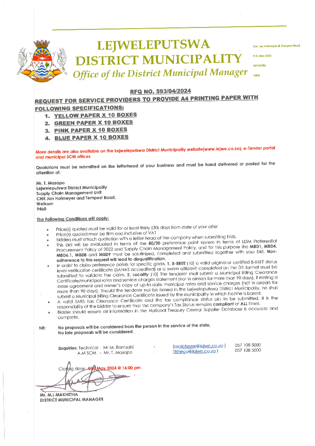 RFQ 593 -04-2024 Request FOR Service Providers TO Provide A4 Printing ...