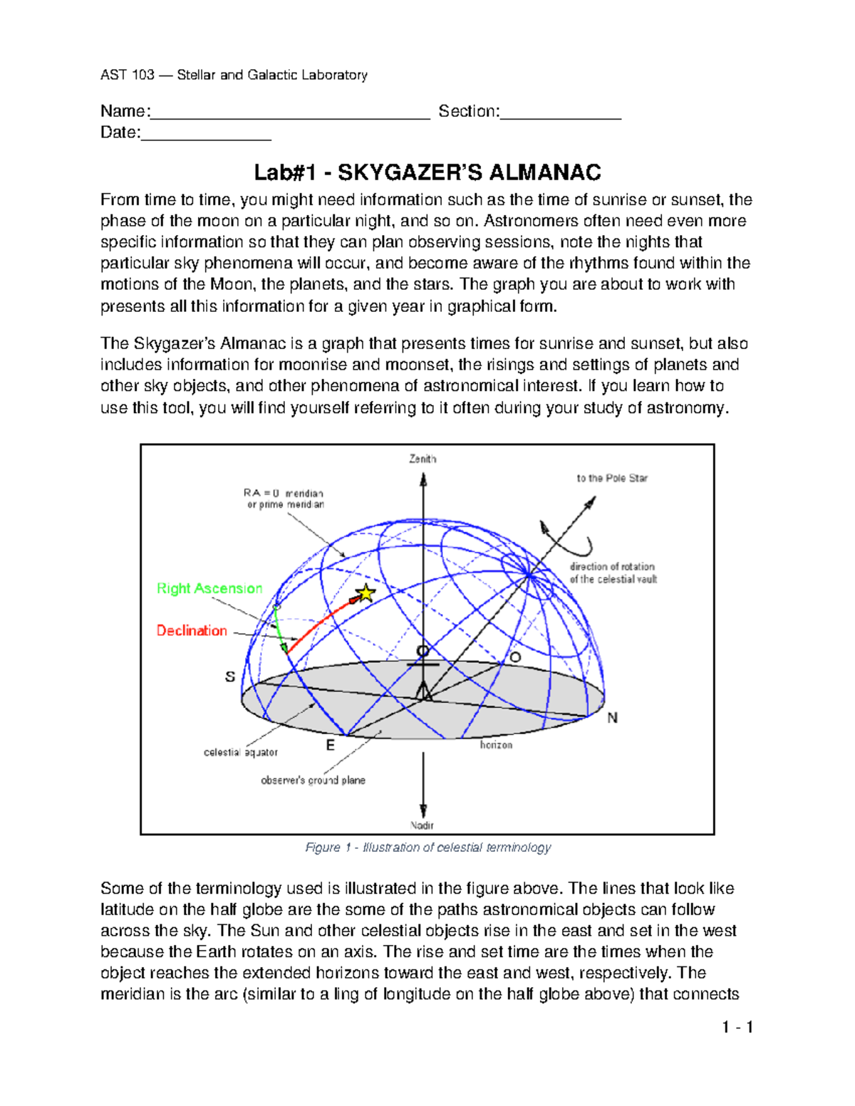 AST103 Lab#1 - Skygazer's Almanac - Name:______________________________ Section ...