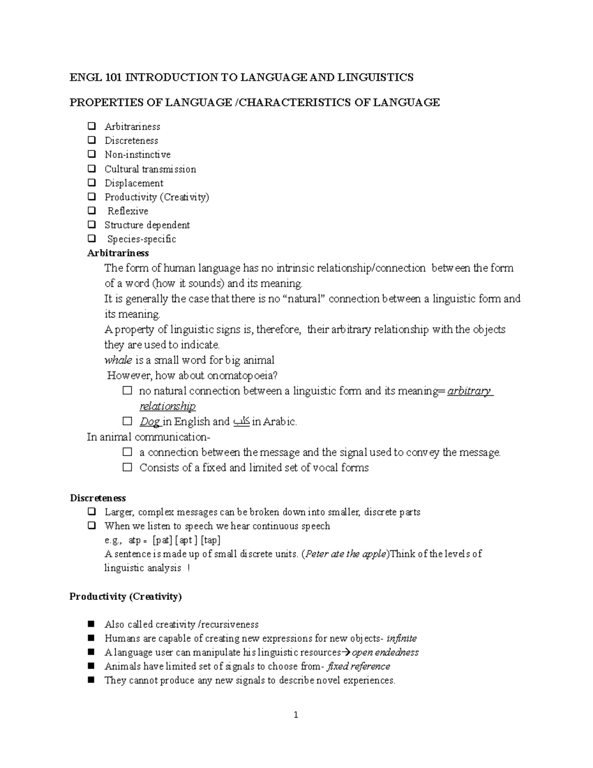 Properties OF Language and Origins OF Language Lecture 2 - ENGL 101 ...