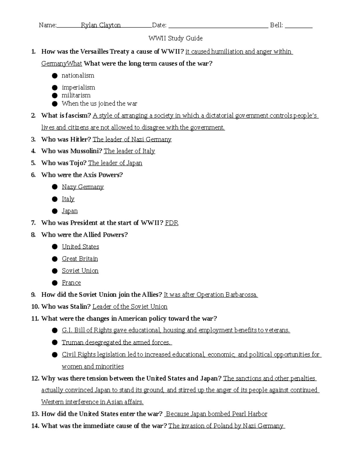 WWII Study Guide - Name: Rylan Clayton Date ...
