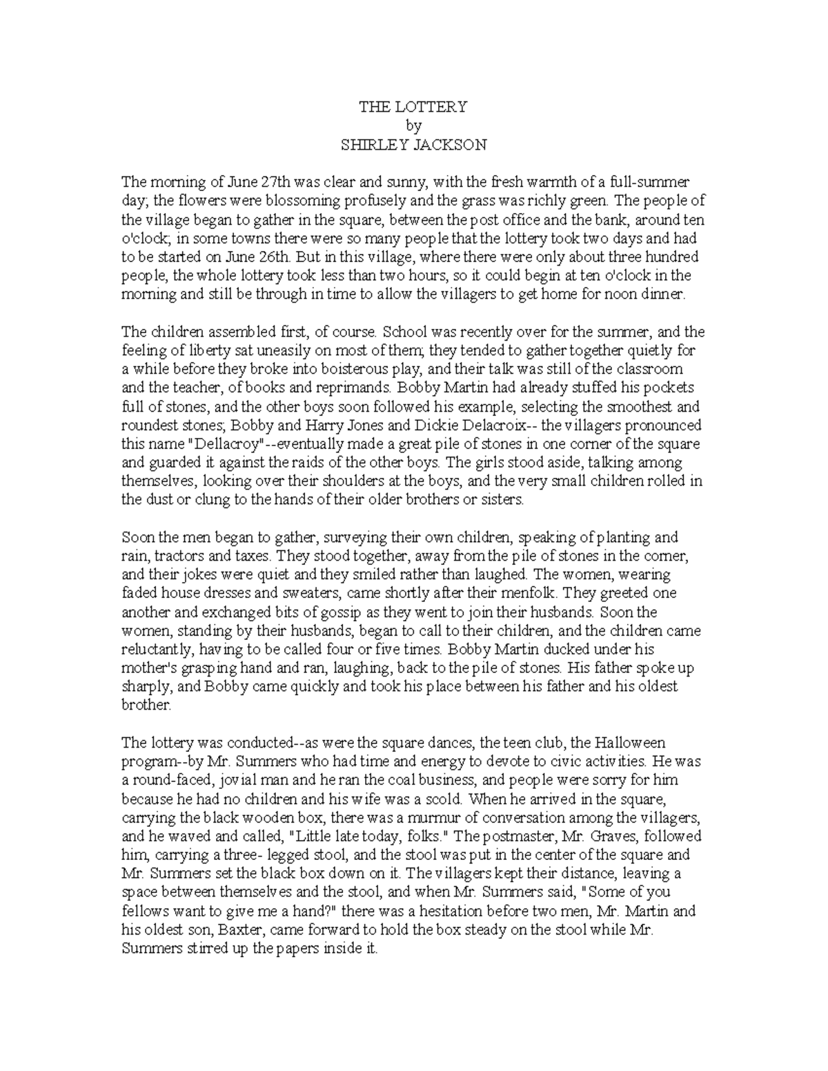 The Lottery with questions Shirley Jackson - THE LOTTERY by SHIRLEY ...