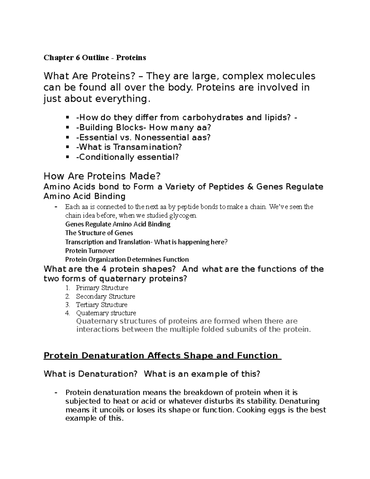 Chapter 6 Outline DONE Nutrition - Chapter 6 Outline - Proteins What ...