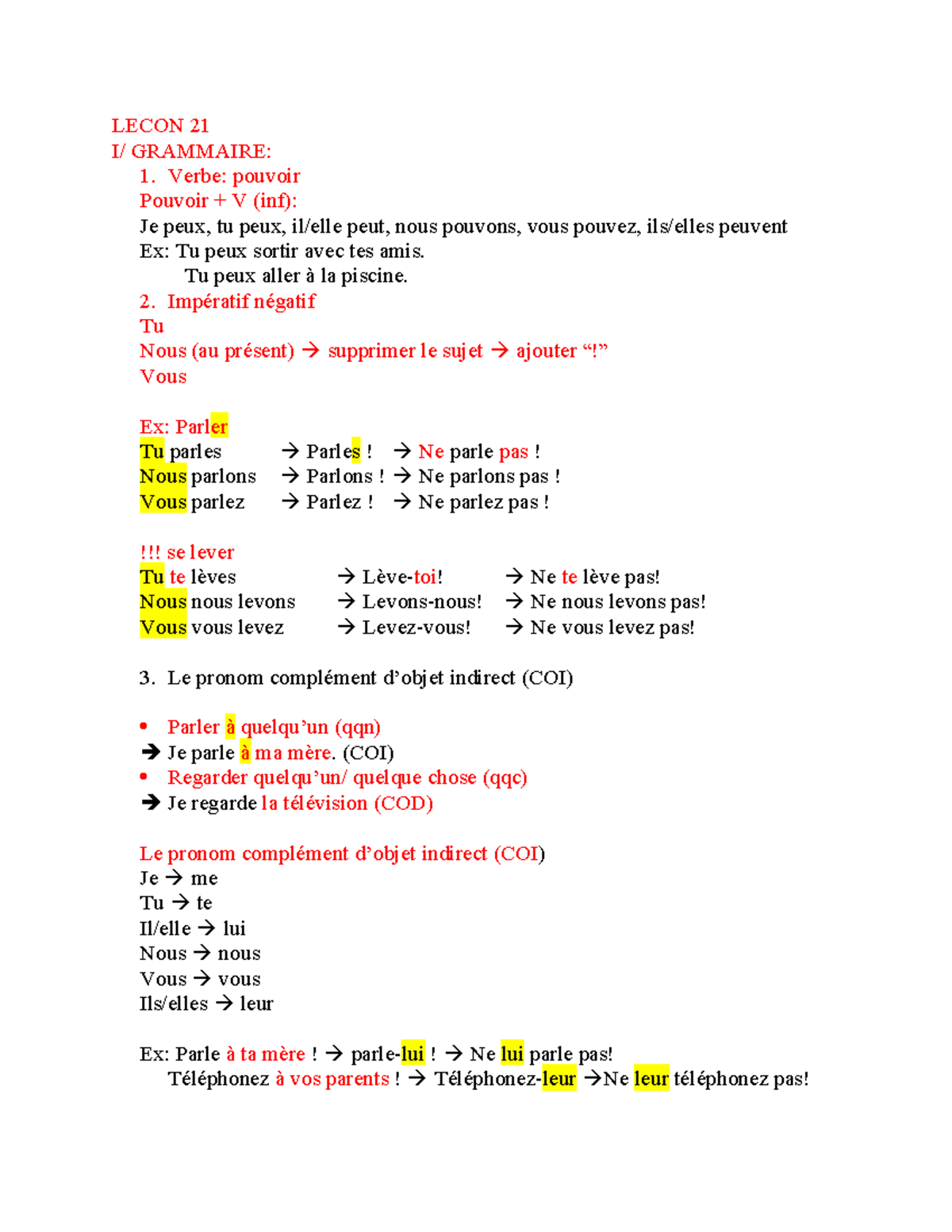 Bài giảng Lecon 21 - LECON 21 I/ GRAMMAIRE: Verbe: pouvoir Pouvoir + V ...