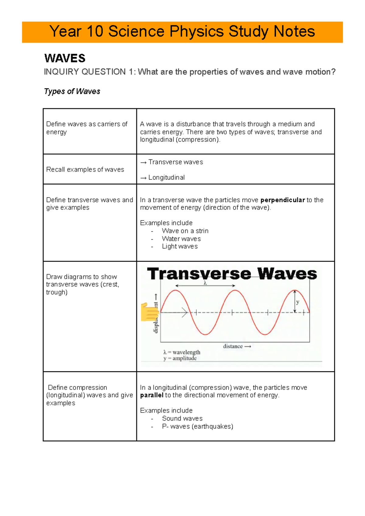 Copy of Year 10 Science Physics Study Notes - Year 10 Science Physics ...