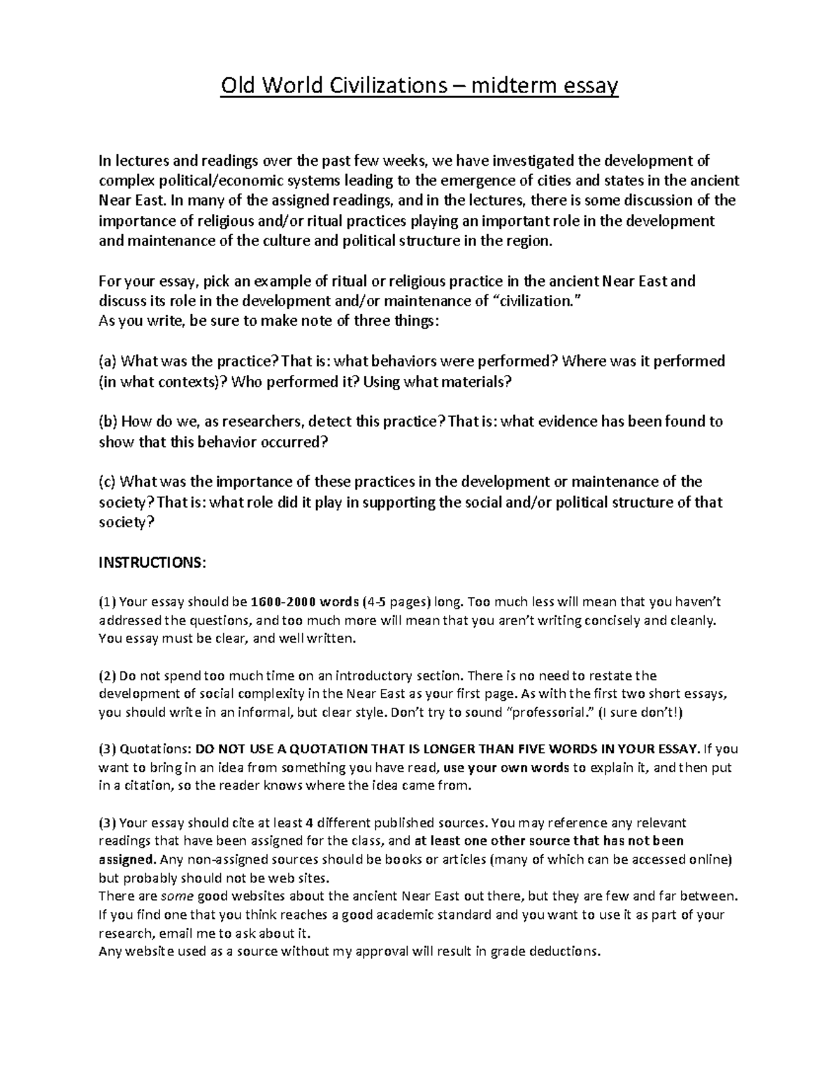 Midterm essay-1 - Prompt and Assignment 1 - Old World Civilizations ...