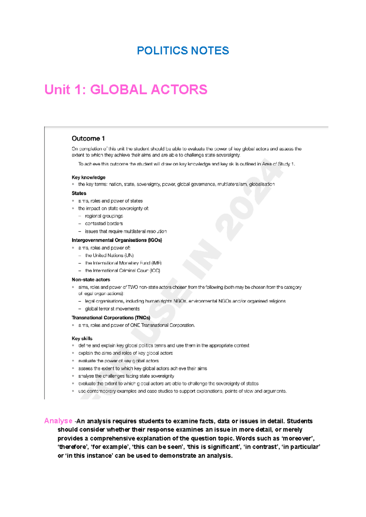 Politics Notes - POLITICS NOTES Unit 1: GLOBAL ACTORS Analyse - An ...