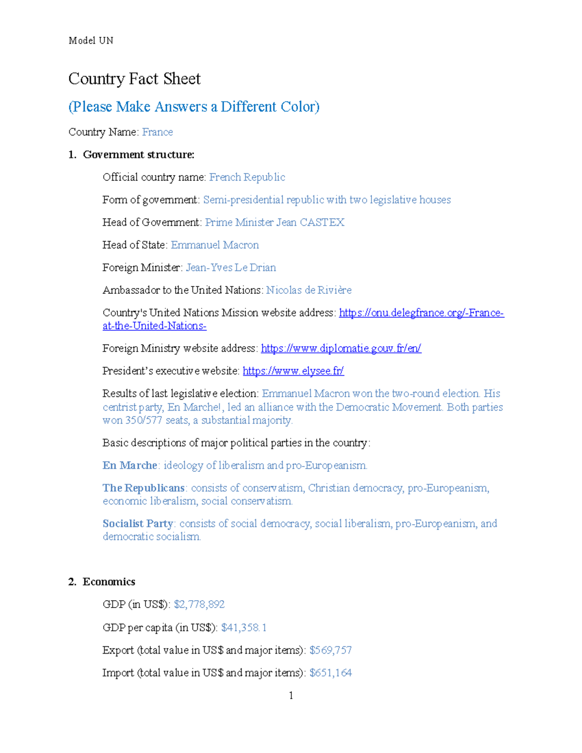 POLI 387 - France Factsheet - Country Fact Sheet (Please Make Answers a ...