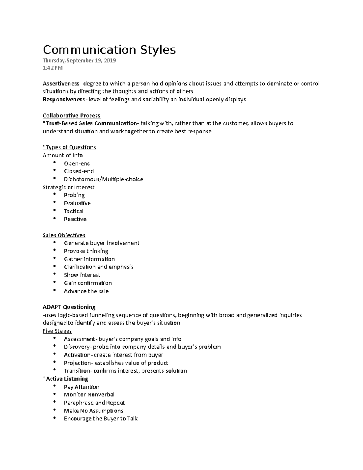 MKTG 542 Ch4 - Lecture notes 4 - Communication Styles Thursday ...