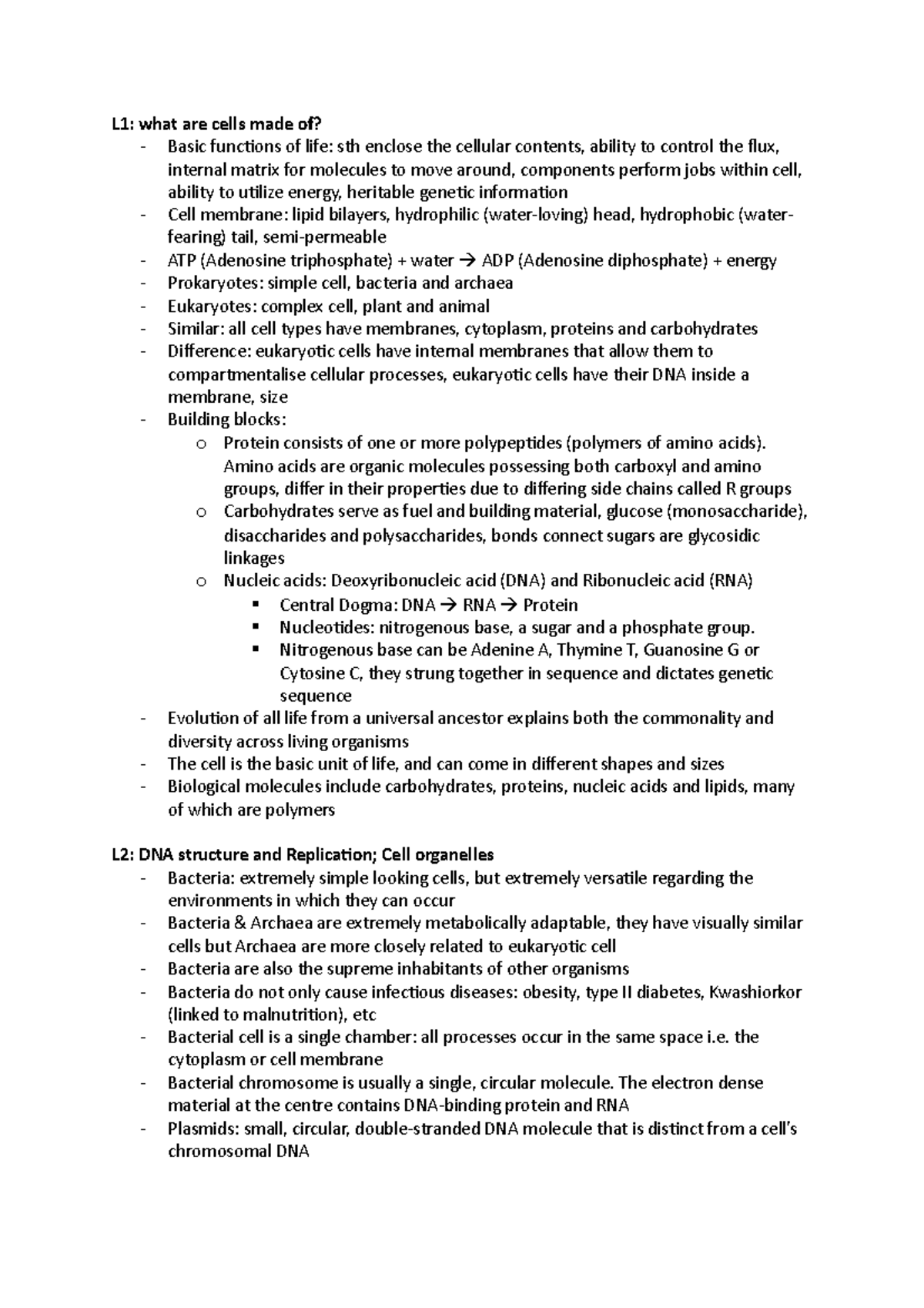 Biol1020 review note - note - L1: what are cells made of? - Basic ...