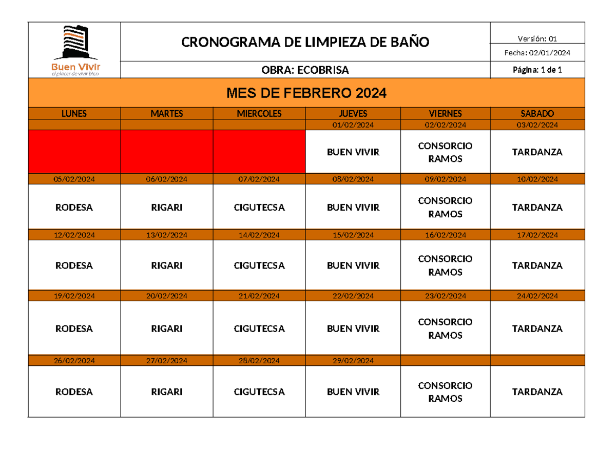 Cronograma DE Limpieza DE Baños - CRONOGRAMA DE LIMPIEZA DE BAÑO ...