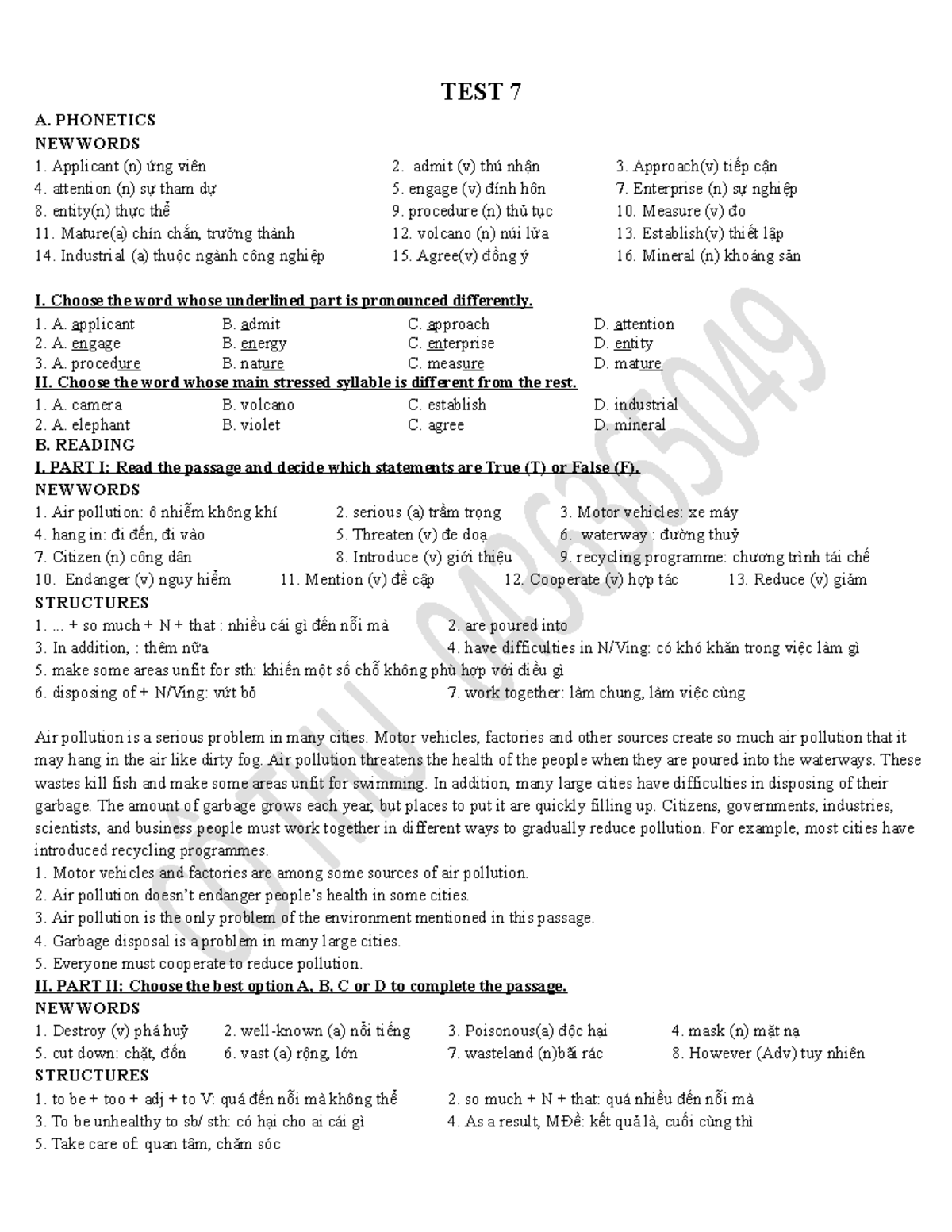 TEST 7 - Kixm tra dfnh kì 8 - TEST 7 A. PHONETICS NEWWORDS Applicant (n ...