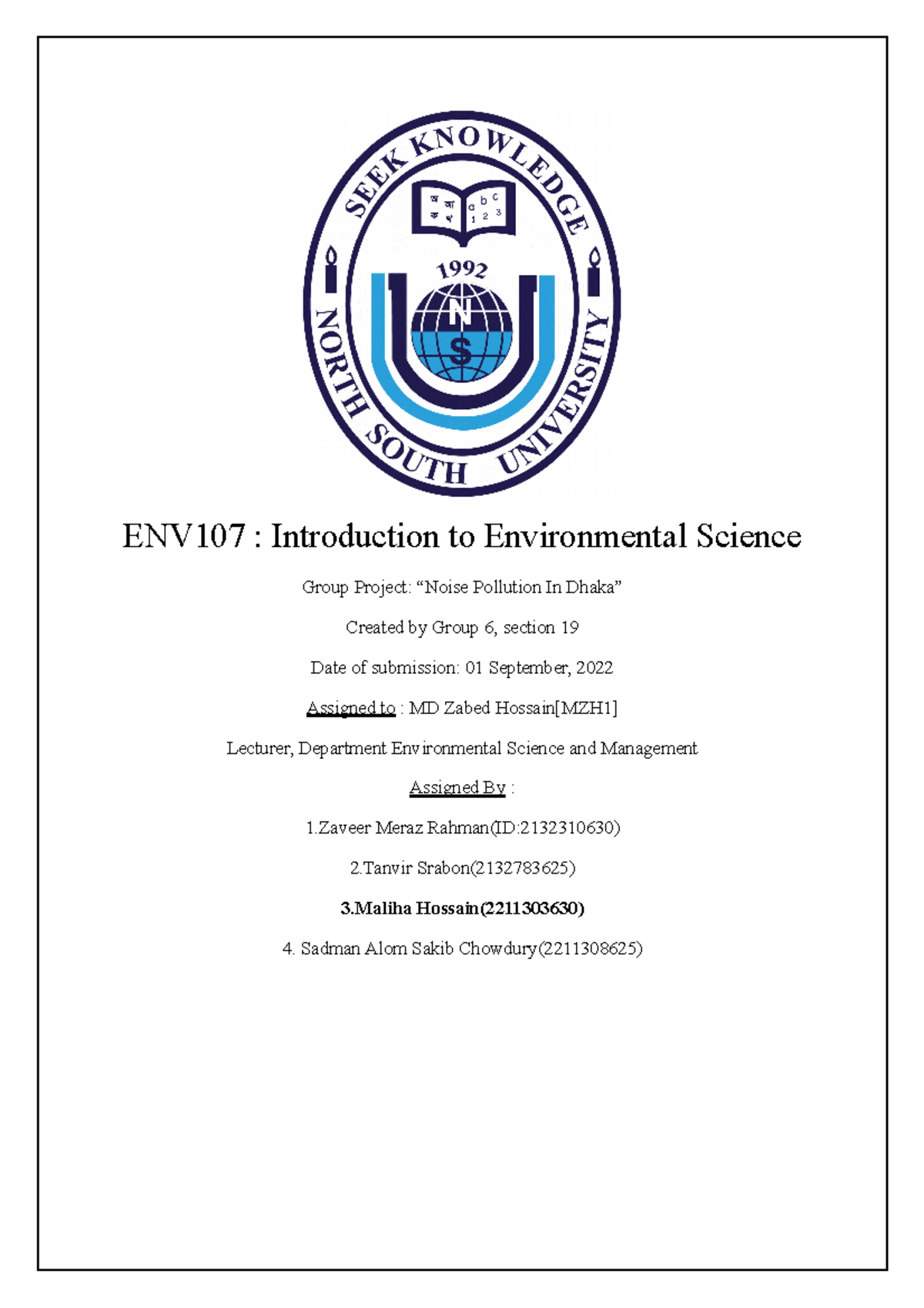 ENV107 - group report - ENV107 : Introduction to Environmental Science Group Project: “Noise ...