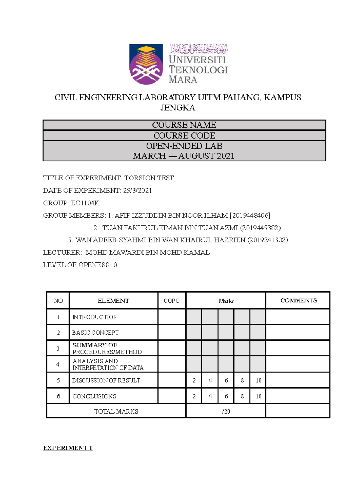 LAB TORSION TEST EC110 - CIVIL ENGINEERING LABORATORY UITM PAHANG ...