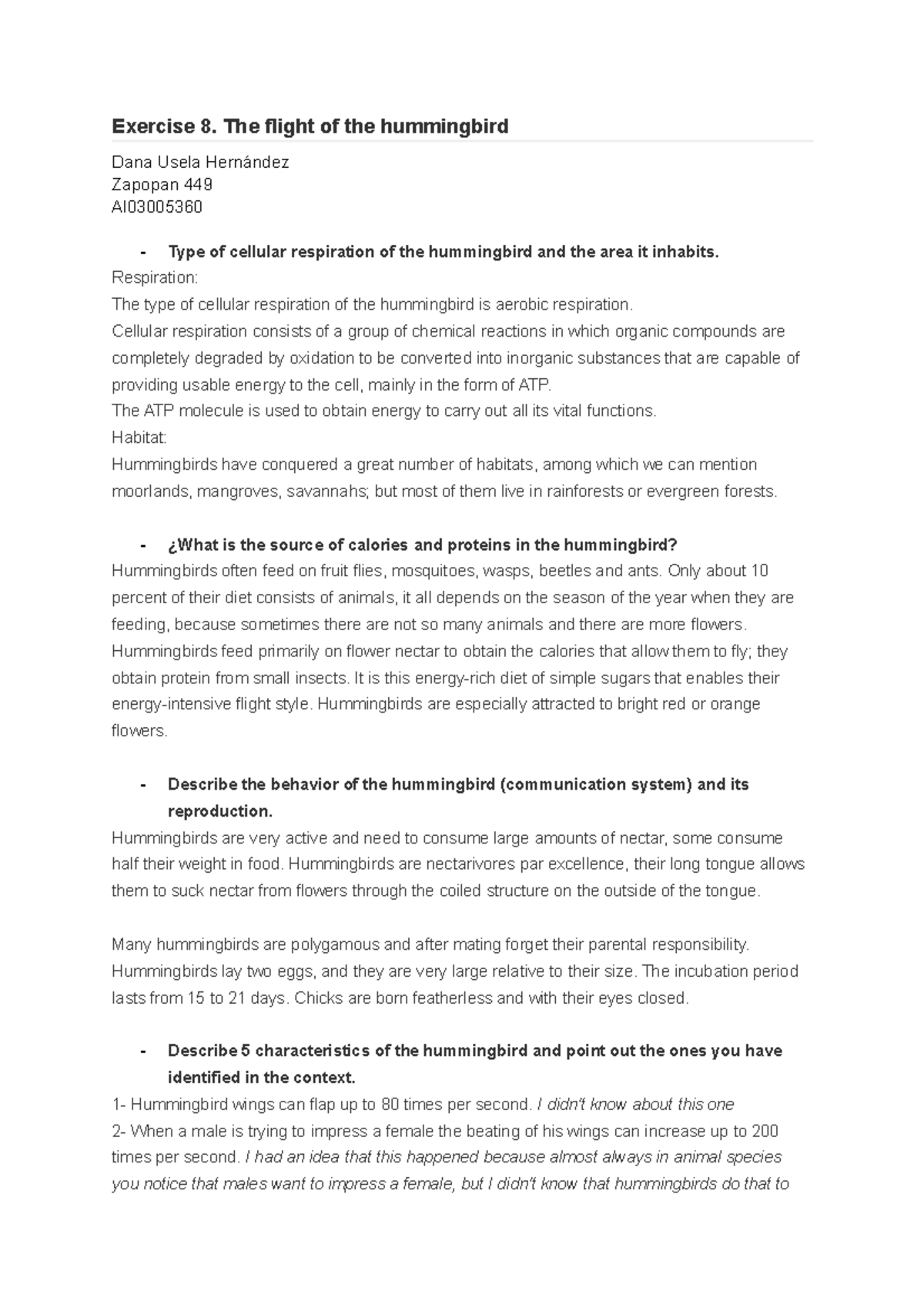 Life science - Exercise 8. The flight of the hummingbird Dana Usela ...