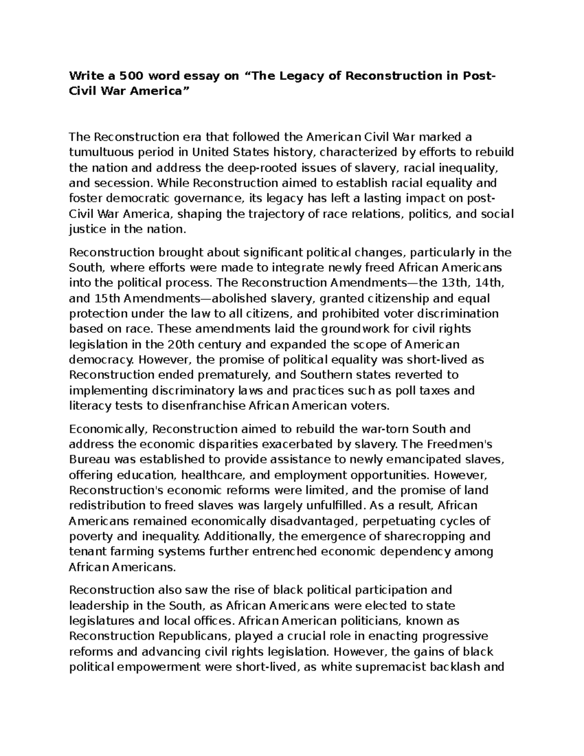 USH 10 - HUSH Assignment - Write a 500 word essay on “The Legacy of ...