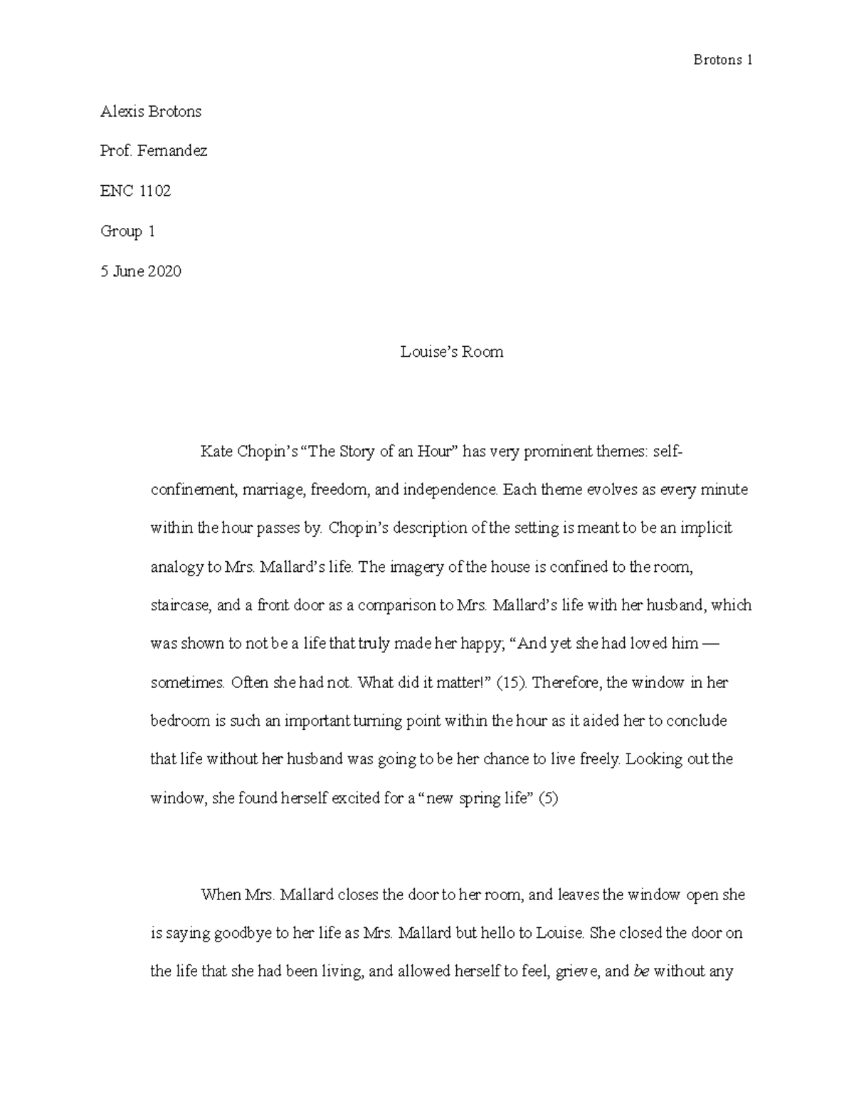 The Story of an Hour - Assignment - Brotons 1 Alexis Brotons Prof ...