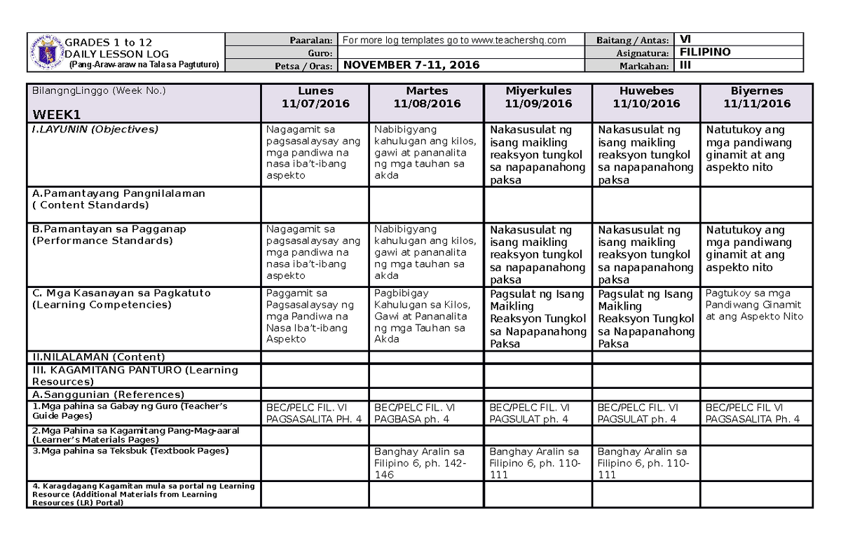 Grade 6 DLL Filipino 6 Q3 Week 1 - GRADES 1 to 12 DAILY LESSON LOG (Pang-Araw-araw na Tala sa ...