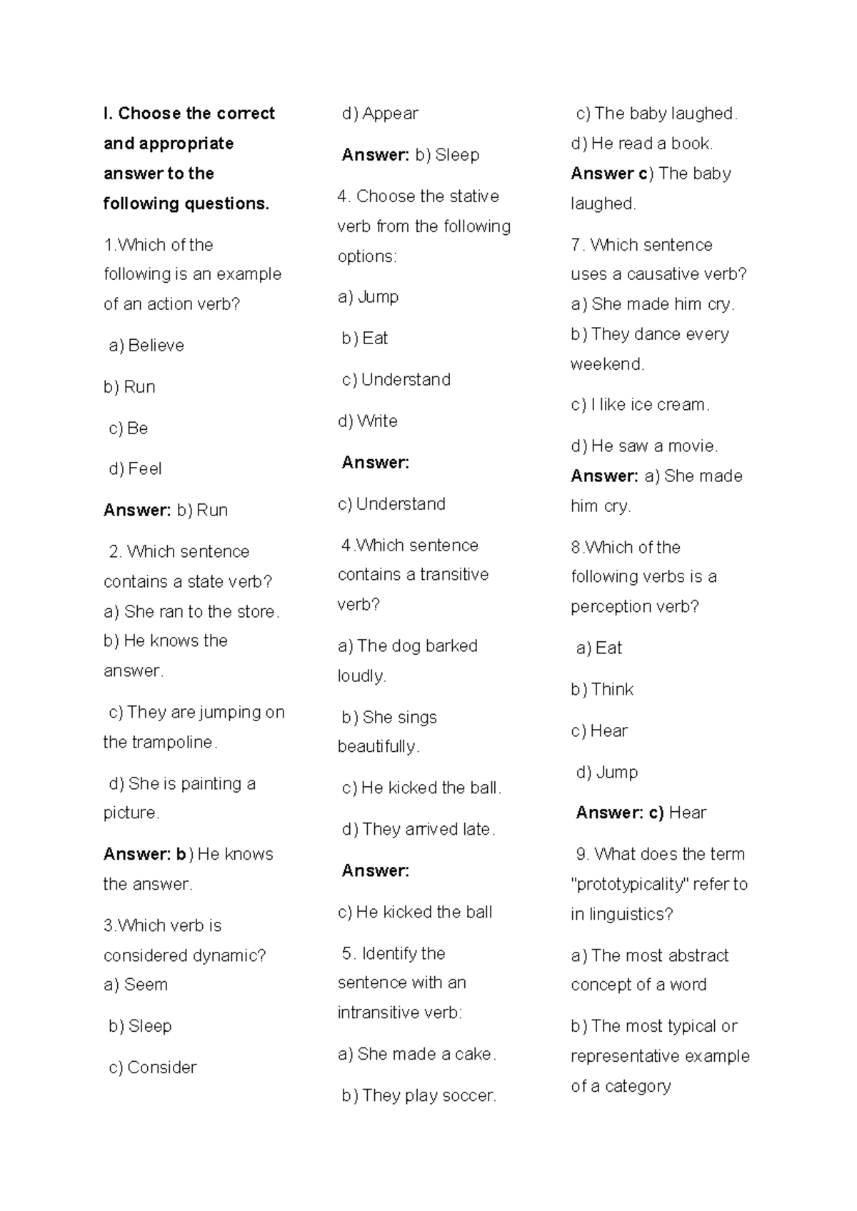Questionnaire - I. Choose the correct and appropriate answer to the ...