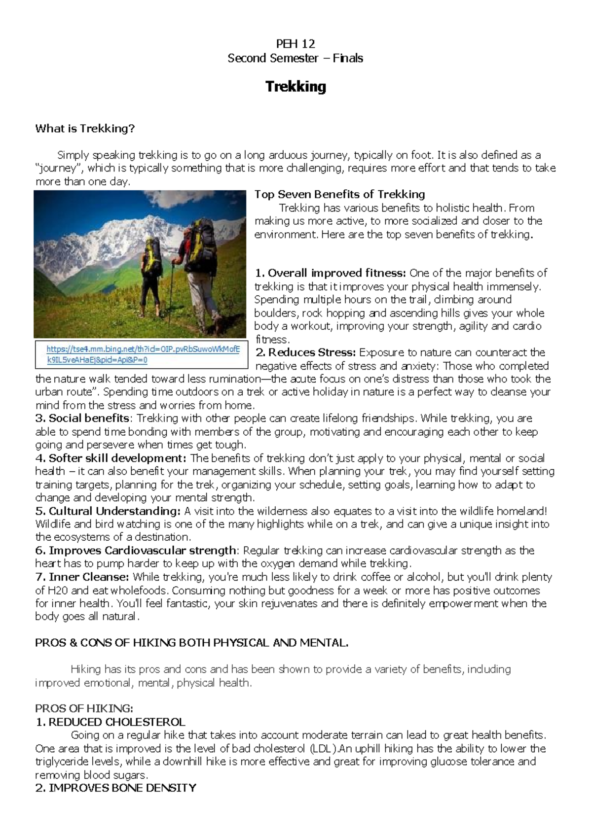 PEH 12 - Trekking Handouts - PEH 12 Second Semester – Finals Trekking ...