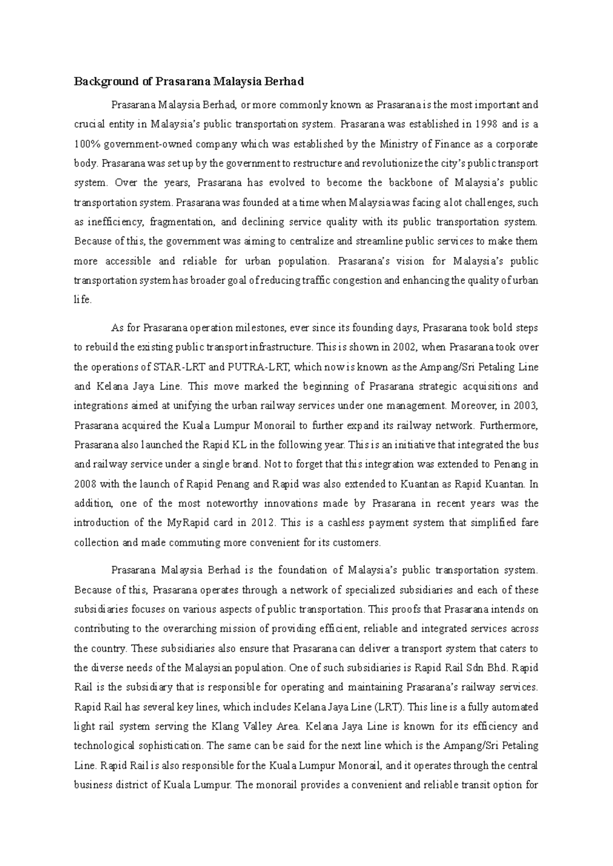 Background of Prasarana Malaysia Berhad - Background of Prasarana ...