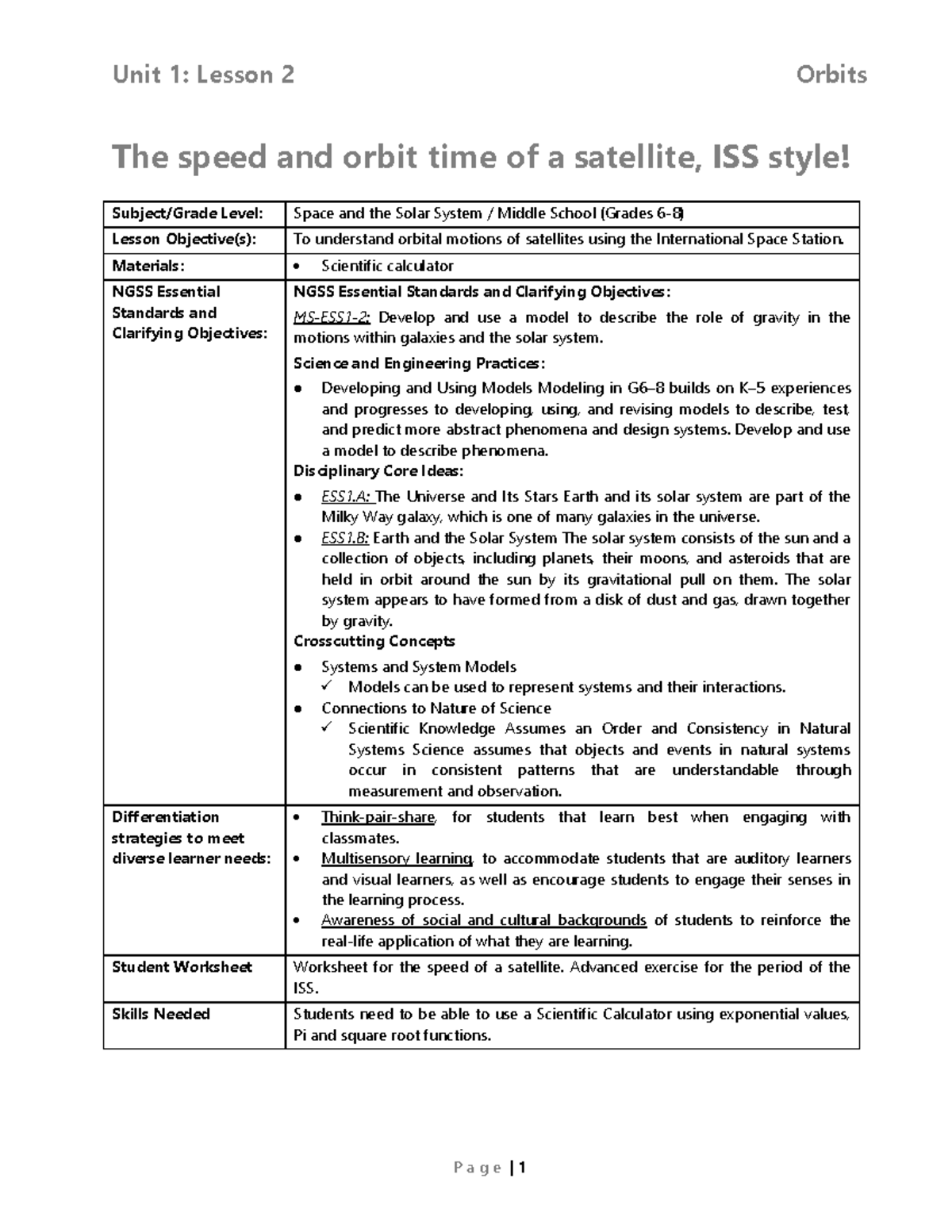 ISS - details are in file - Unit 1: Lesson 2 Orbits P a g e | 1 The ...