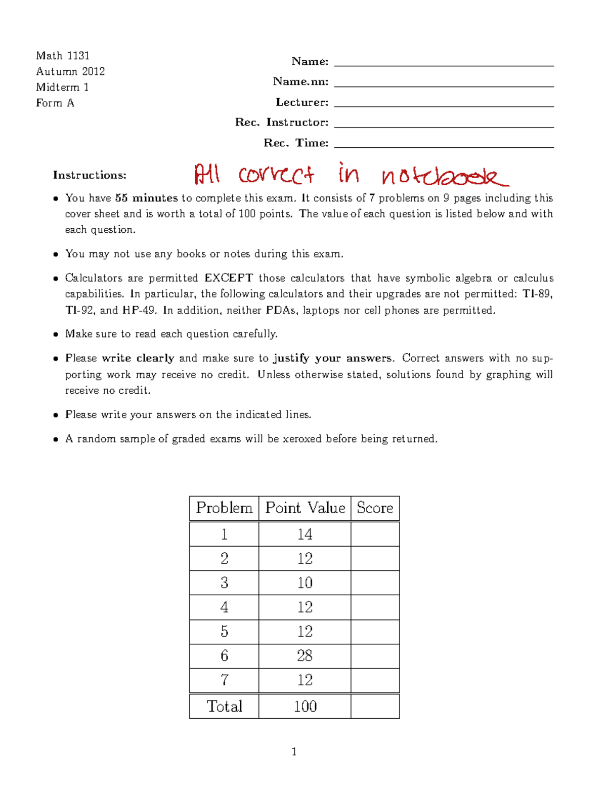 Practice for Midterm 1 - Math 1131 Autumn 2012 Midterm 1 Form A Name ...
