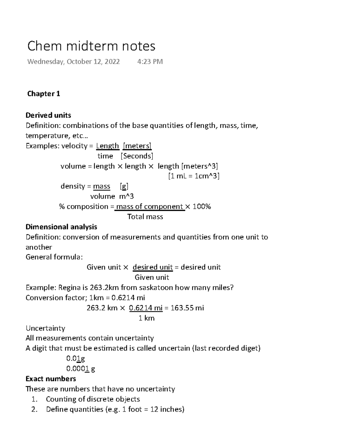 Chem midterm notes - Derived units Definition: combinations of the base ...