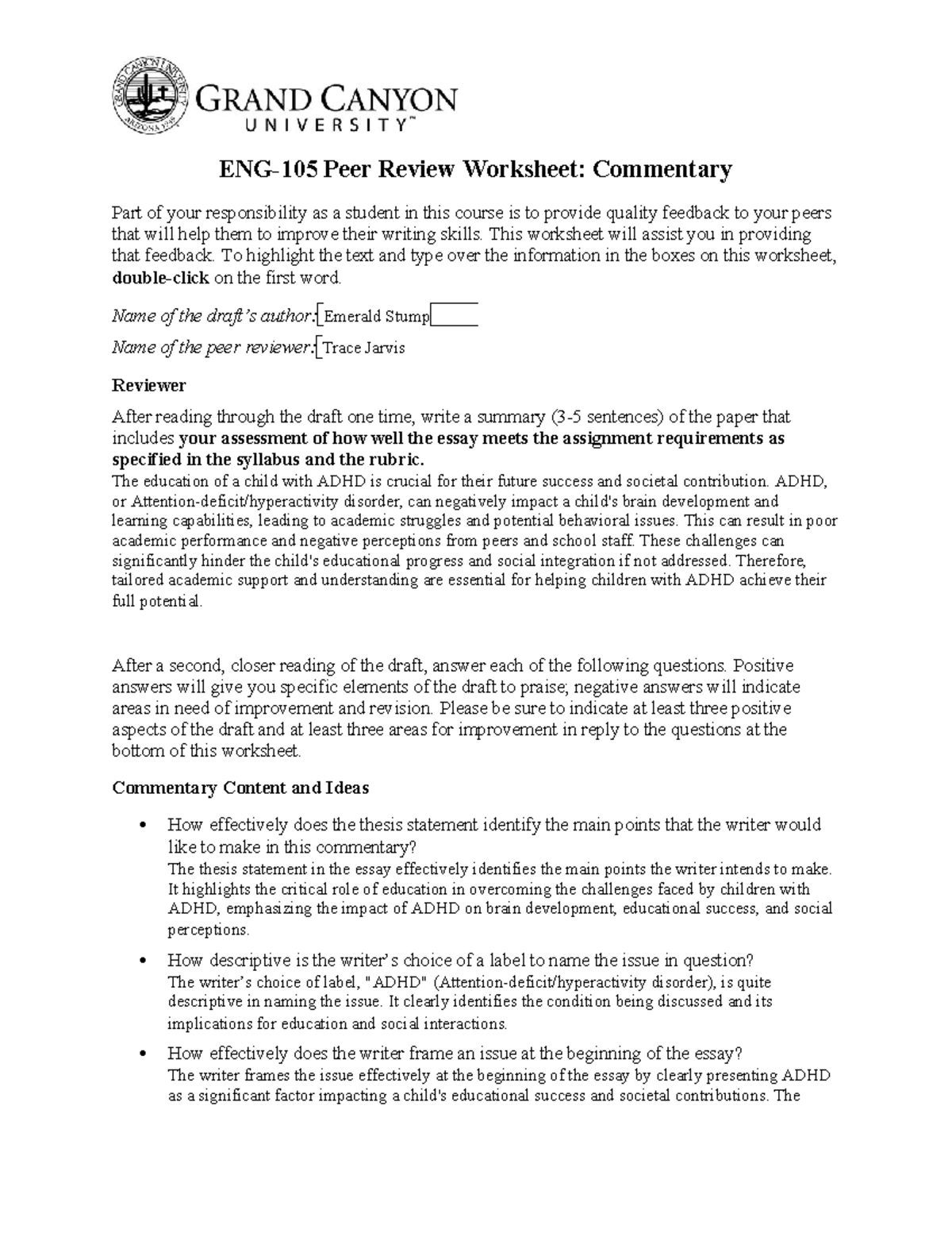 ENG-105-RS-Commentary Peer Review Worksheet - ENG-105 Peer Review ...