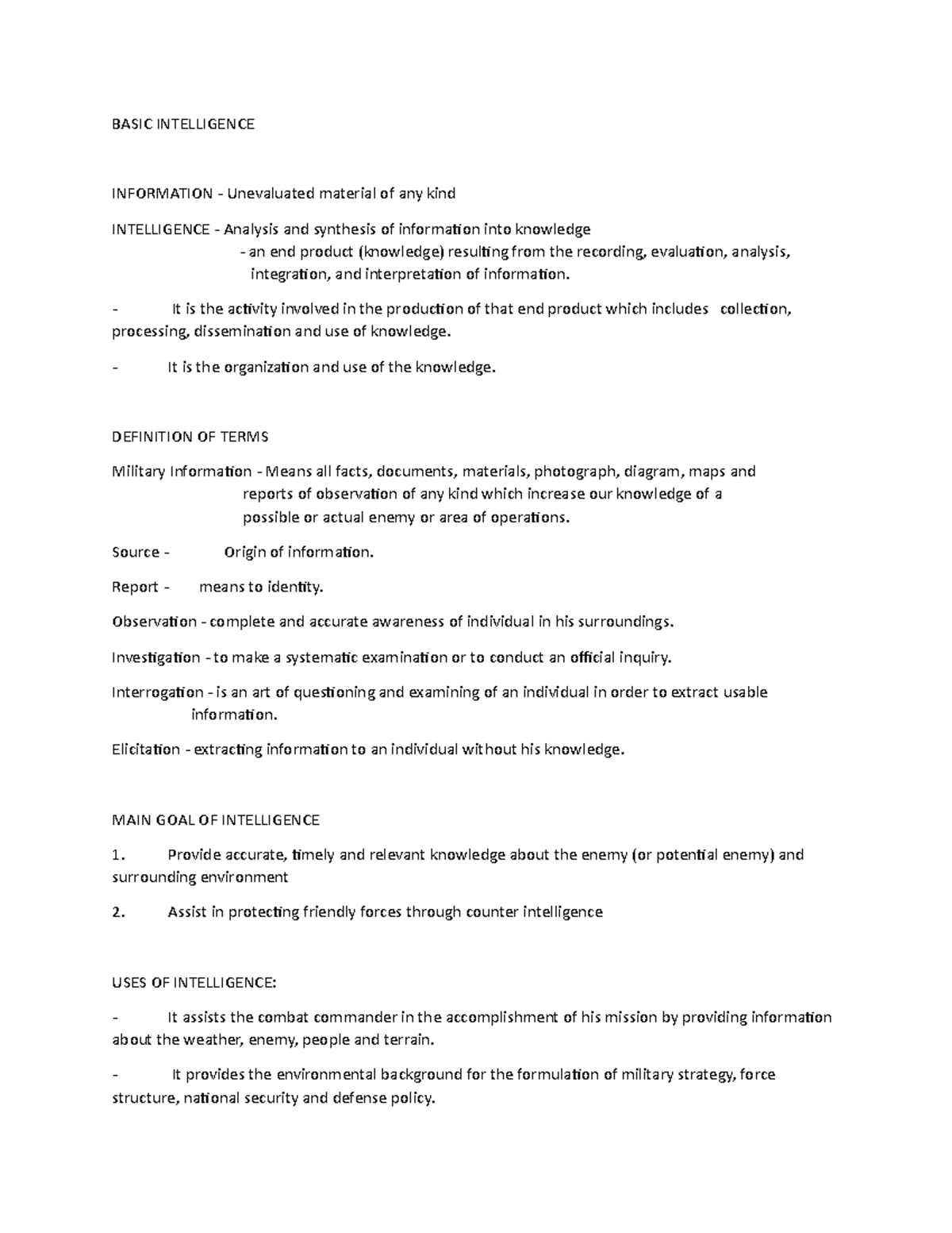 Basic Intelligence - BASIC INTELLIGENCE INFORMATION - Unevaluated ...