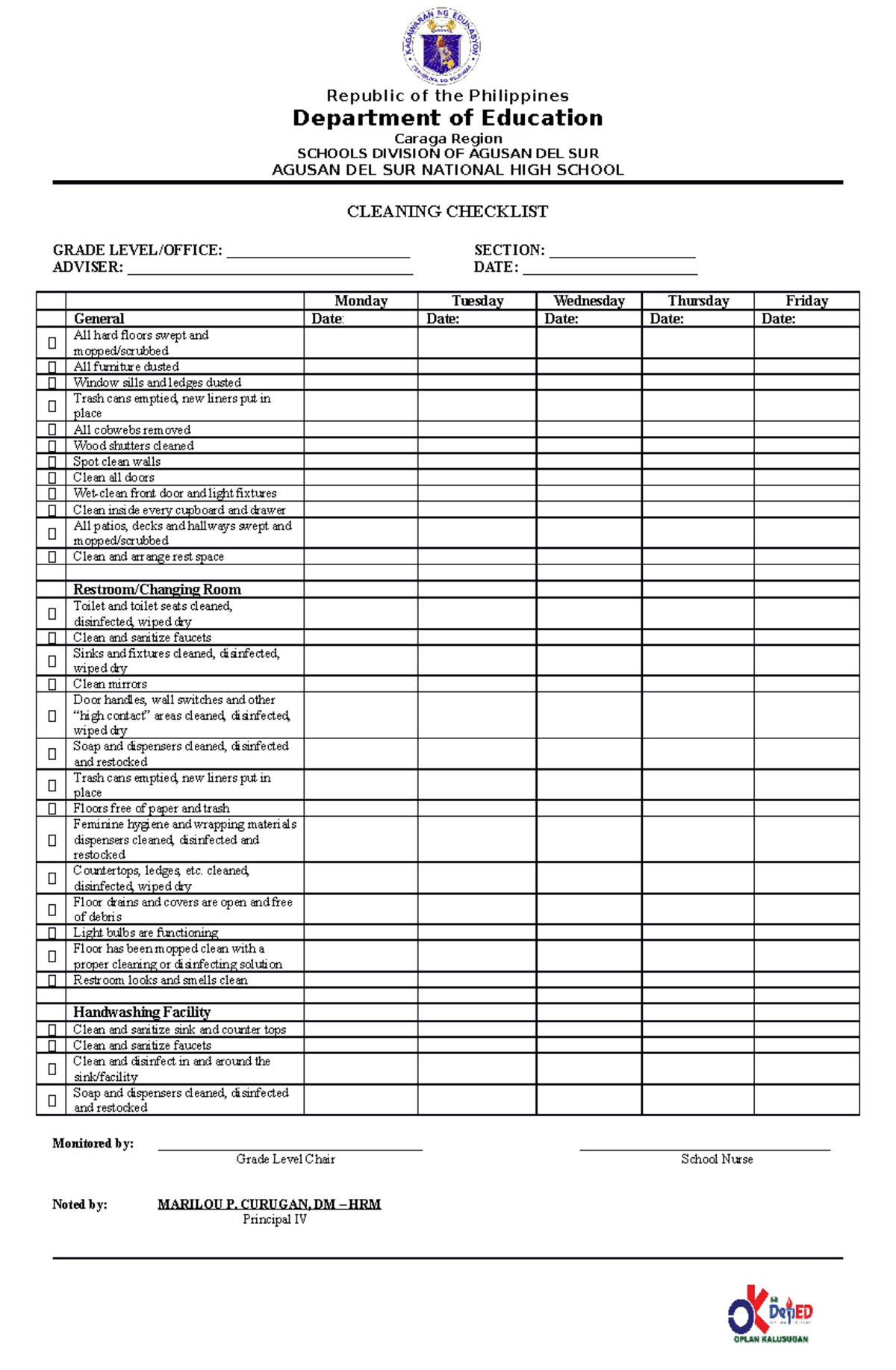 Win S Cleaning Checklist - Republic of the Philippines Department of ...