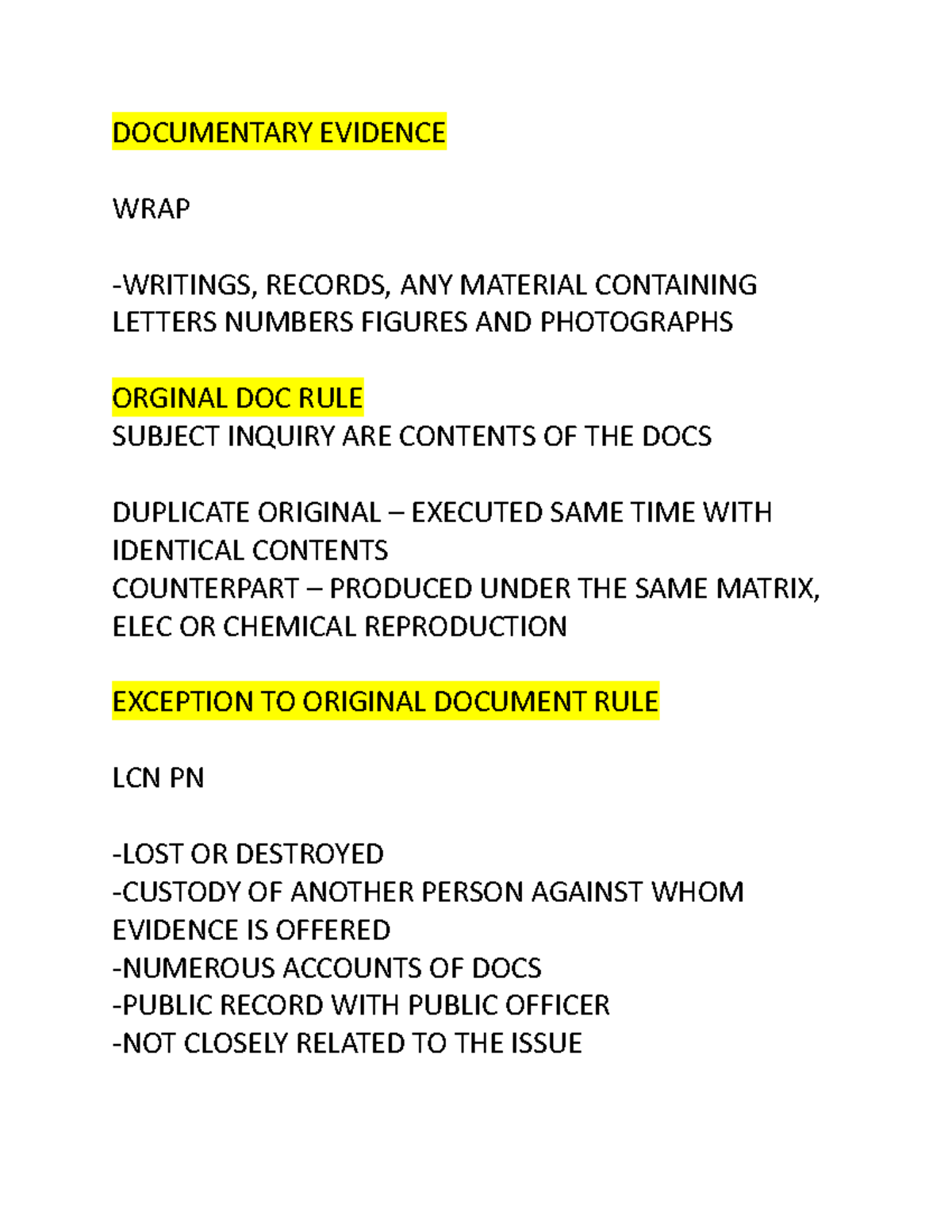 EVID Chichit - Lecture notes 1-0 - DOCUMENTARY EVIDENCE WRAP -WRITINGS ...