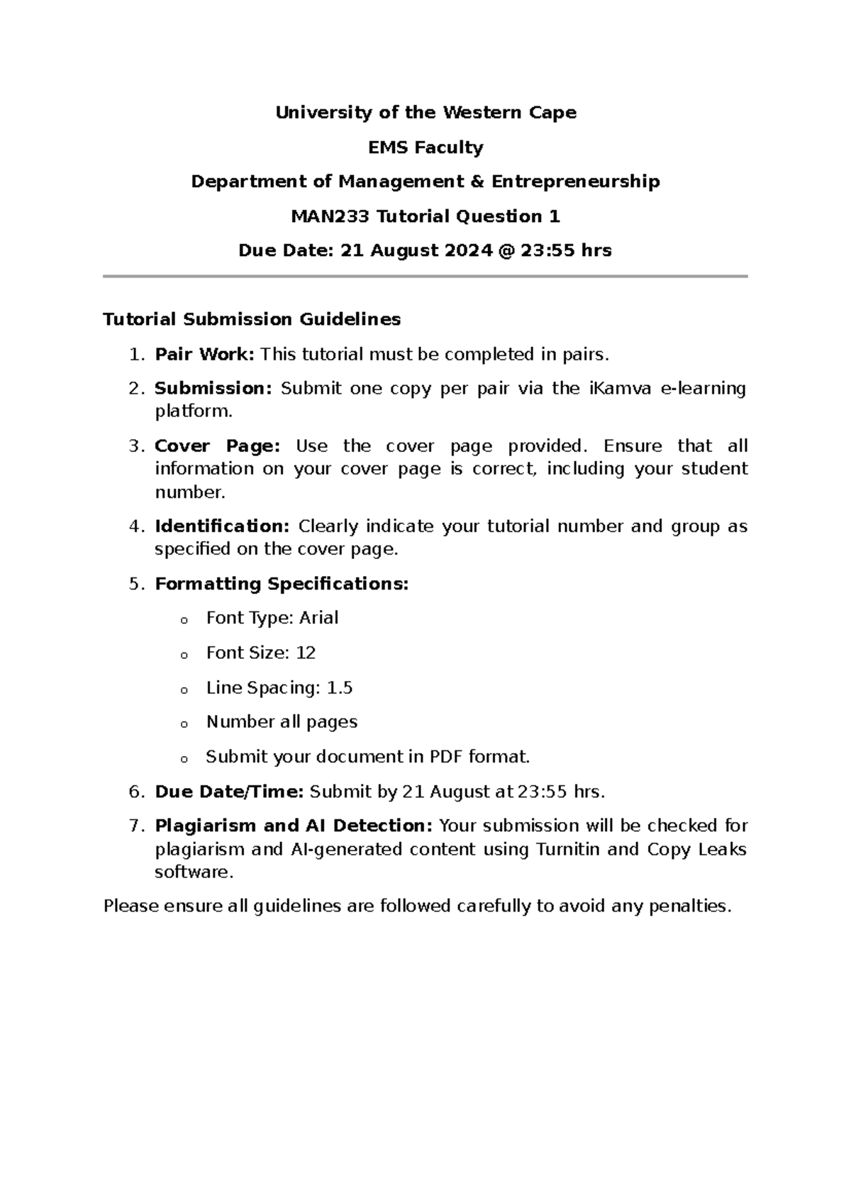 MAN233 Tutorial 1 for Submission - University of the Western Cape EMS ...