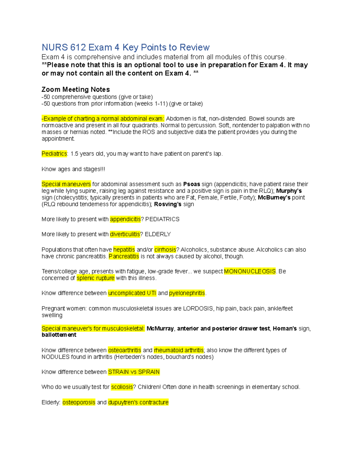 AHA Exam 4 Notes and Study Guide - NURS 612 Exam 4 Key Points to Review ...