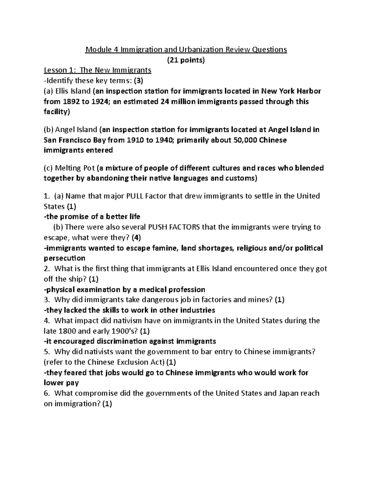 Module 4 Immigration and Urbanization Review Questions (Answers ...