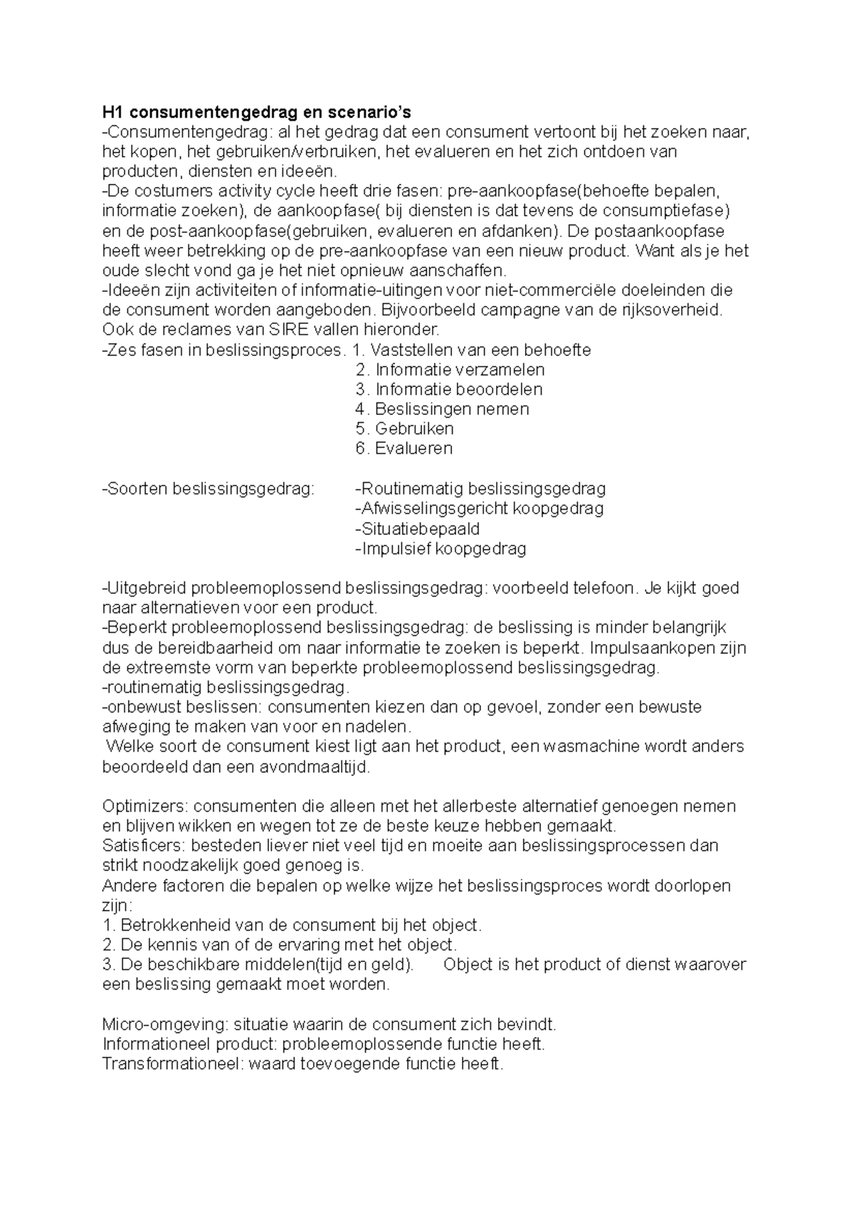 Samenvatting Consumentengedrag H1-18 - H1 consumentengedrag en scenario’s -Consumentengedrag: al ...
