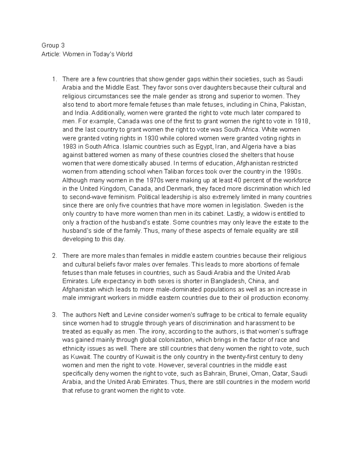 Article Assignment 9 - Group 3 Article: Women in Today’s World There ...