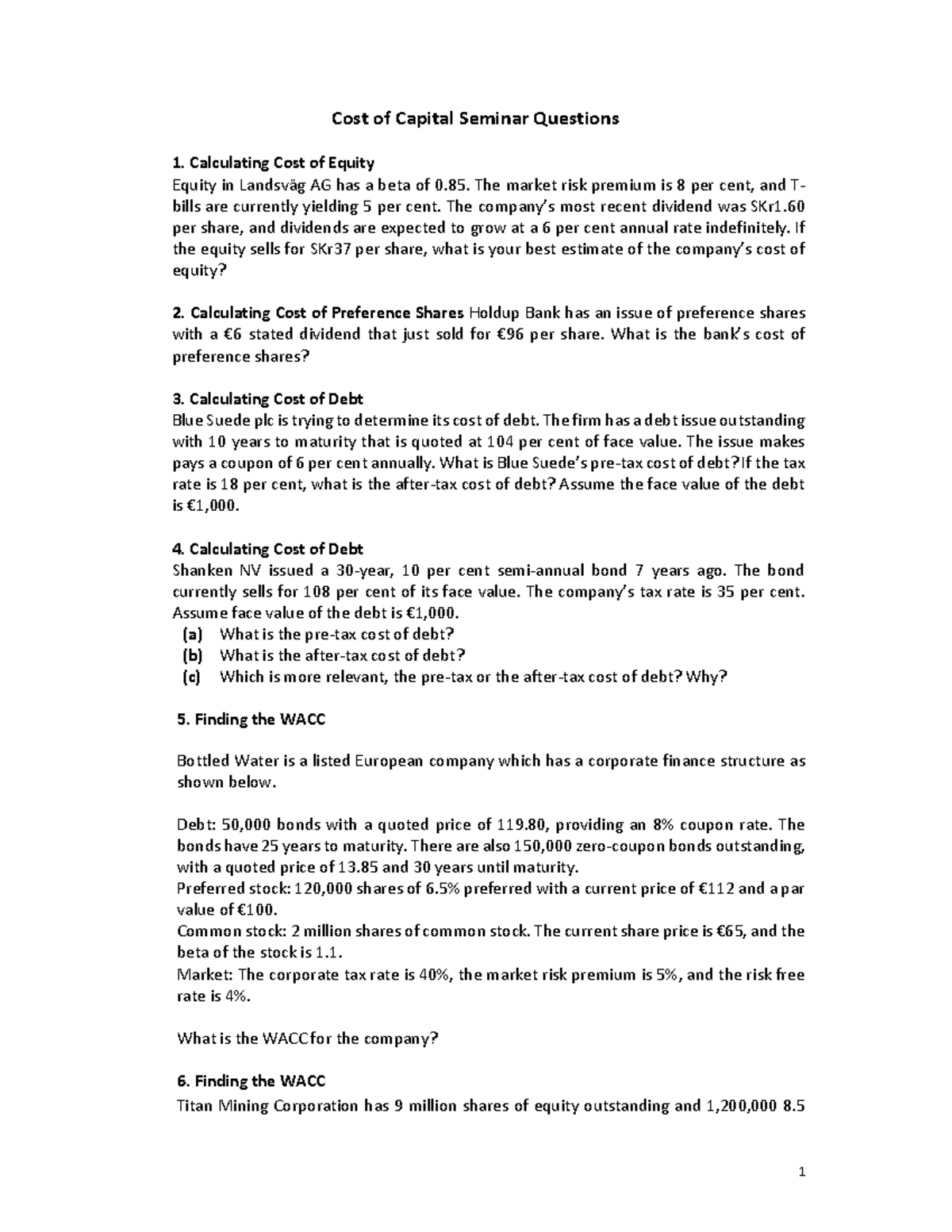 Seminar Questions Cost of capital - 1 Cost of Capital Seminar Questions ...