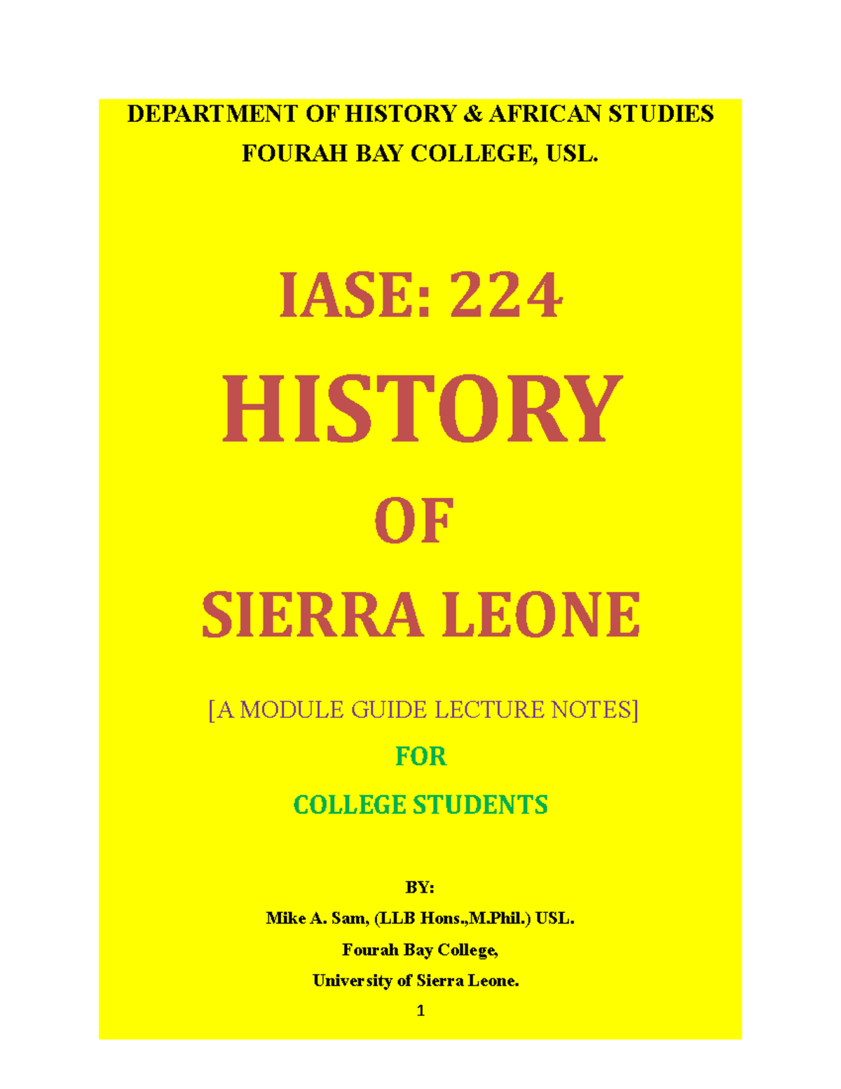History OF Sierra Leone - Second Semester DIP2 - DEPARTMENT OF HISTORY ...