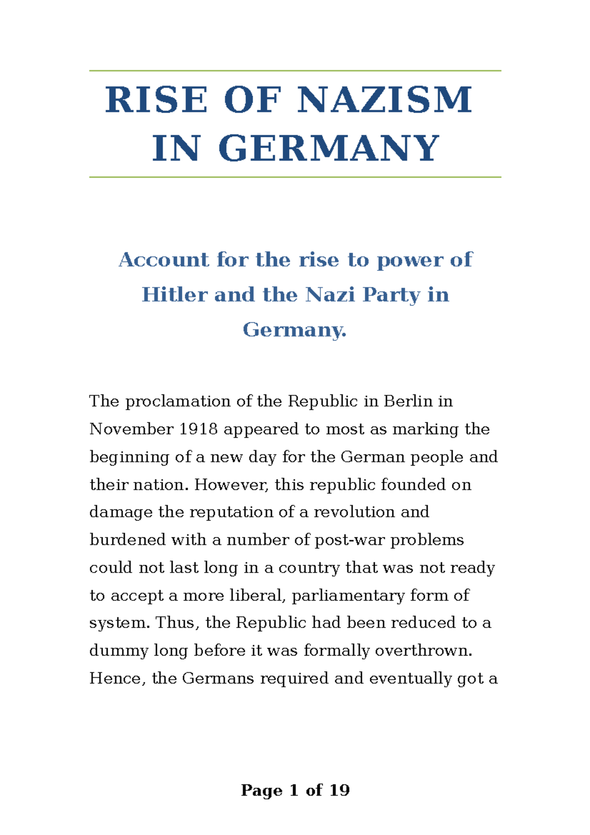 Rise of Nazism in Germany - RISE OF NAZISM IN GERMANY Account for the ...