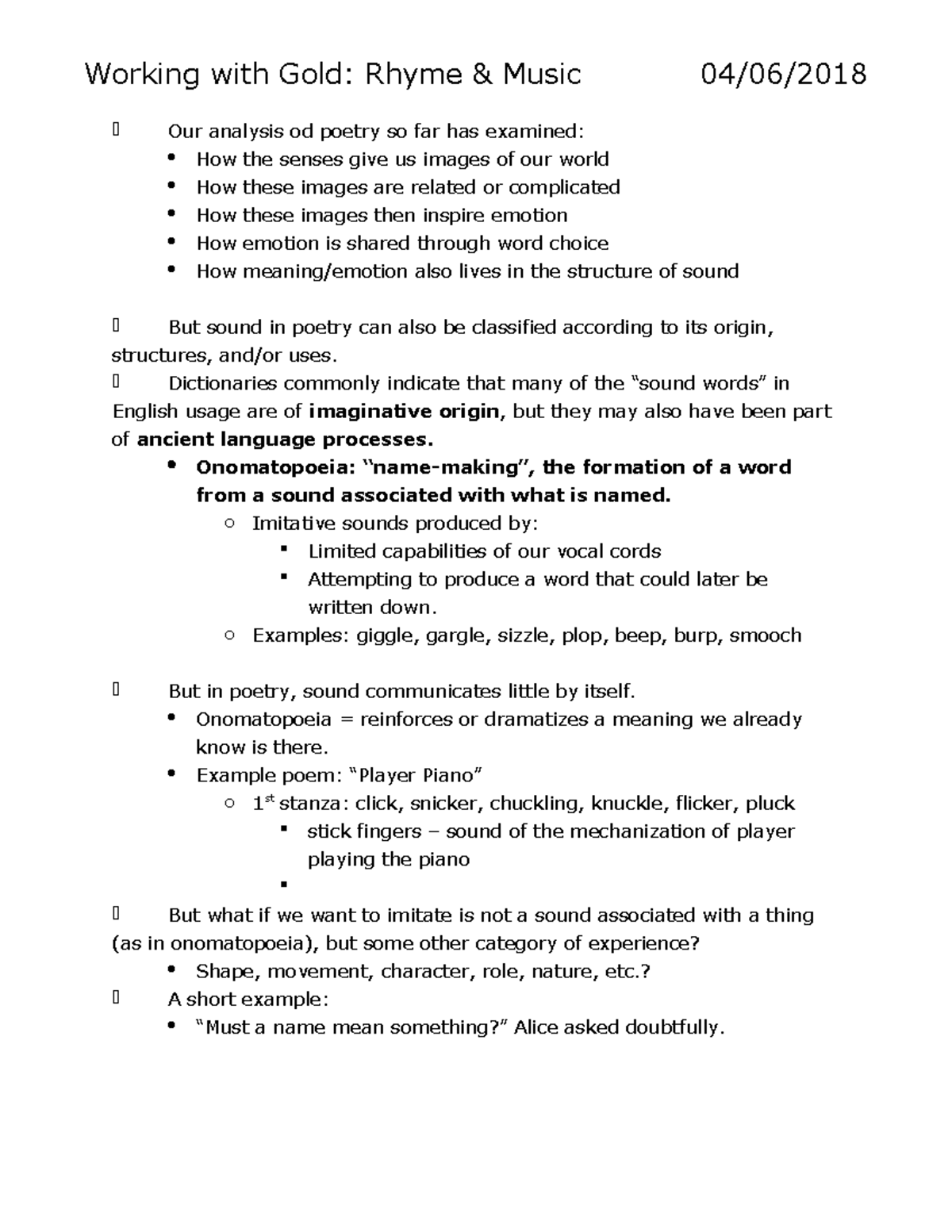 ENGL 271 4-6 Notes - Rhyme and Music in poetry, sound - Working with ...